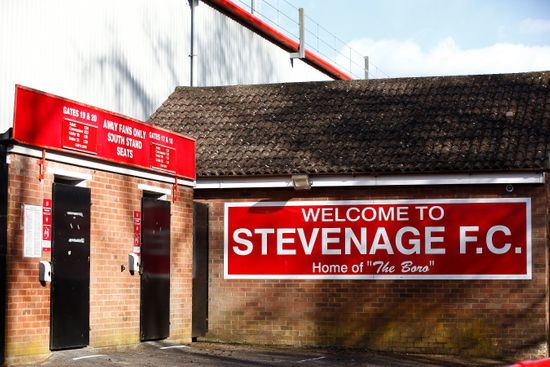 Ground Shot Stevenage Fc Signage Depicting Editorial Stock Photo ...