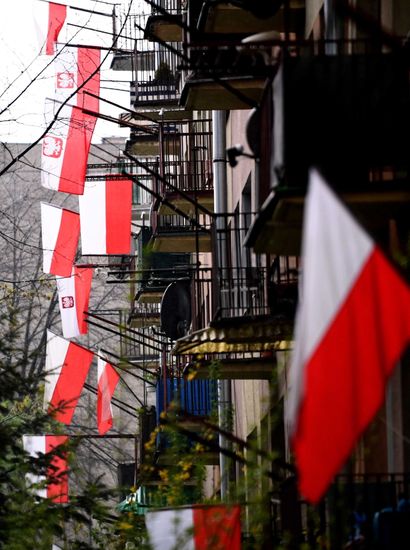 Polish National Flags Fly Balconies Apartment Editorial Stock Photo ...