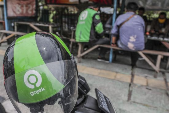 Gojek Drivers Helmet Seen On Sidewalk Editorial Stock Photo - Stock ...