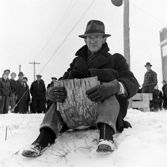 Man Riding Birch Bark Sled During Editorial Stock Photo - Stock Image ...