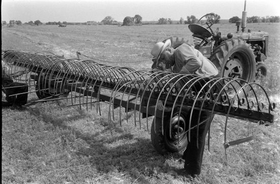 Man Fixing Combine Harvester Farm United Editorial Stock Photo - Stock ...