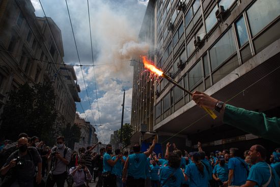 Demonstrators Using Fireworks During Protest Athens Editorial Stock ...