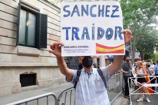 Protester Holds Banner Slogan Sanchez Traitor Editorial Stock Photo ...