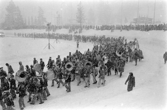 Marching Band Parade During Snowstorm Before Editorial Stock Photo ...