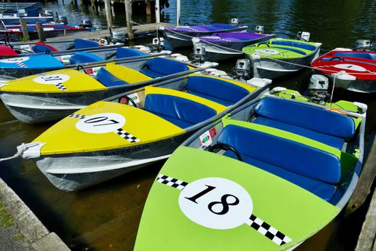 Colourful Motorboats Moored By Banks River Editorial Stock Photo ...