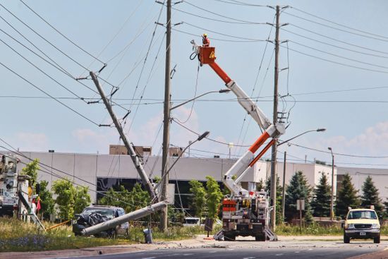 Workers Repair Damaged Utility Pole Electrical Editorial Stock Photo ...