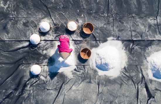 Workers Spend Evening Raking Salt Into Editorial Stock Photo - Stock ...