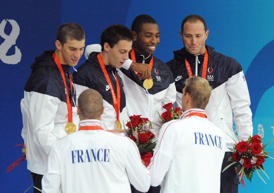 French 4x100m Relay Team Congratulates Usas Editorial Stock Photo ...