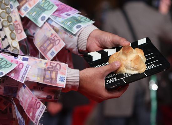 Demonstrator Displays Clapperboard Covered Bread Suit Editorial Stock ...