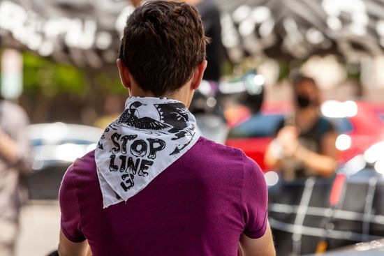 Demonstrator Wears Bandana Protest Against Enbridges Editorial Stock ...