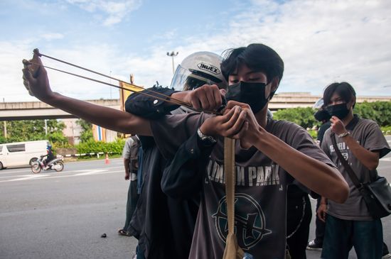 Protester Uses Slingshot Throw Firecracker Riot Editorial Stock Photo ...