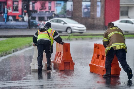 Firefighters Move Barricades Close Street Due Editorial Stock Photo ...