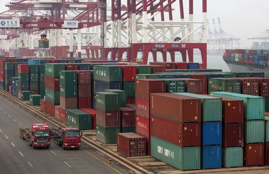 Trucks Deliver Offloaded Containers Designated Areas Editorial Stock ...