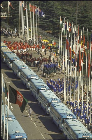 Athletes Colored Uniforms Exiting Buses Olympic Editorial Stock Photo ...