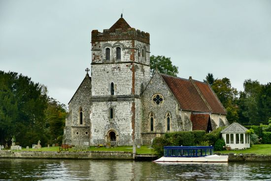 Boat Passes Quaint Church On Dull Editorial Stock Photo - Stock Image ...