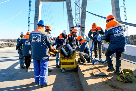 Works Attach Steel Wire Ropes Pylons Editorial Stock Photo - Stock ...
