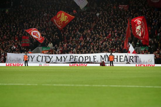 Liverpool Fans Hold Flag Banners On Editorial Stock Photo - Stock Image ...
