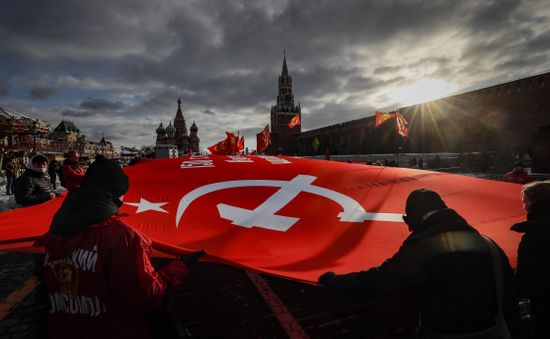 Russian Communist Party Activists Hold Soviet Editorial Stock Photo ...