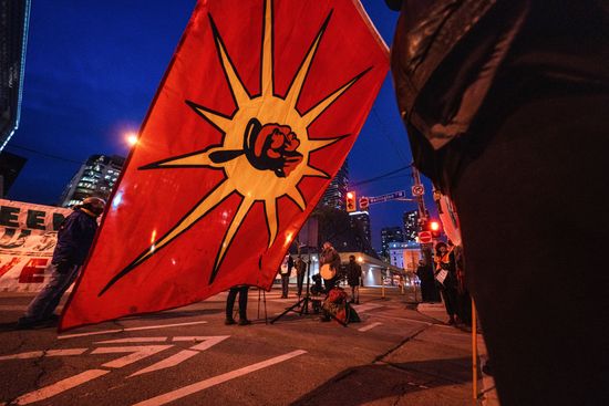 Activist Holds Mohawk Warrior Flag During Editorial Stock Photo - Stock ...