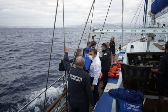 French President Emmanuel Macron Talks Crew Editorial Stock Photo ...