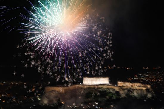 Fireworks Explode Over Temple Parthenon Atop Editorial Stock Photo ...