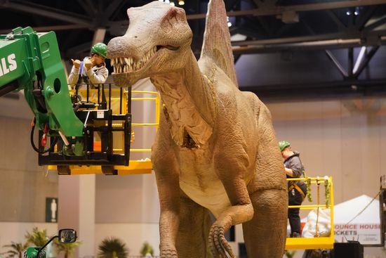 Workers On Lifts Attend Large Dinosaur Editorial Stock Photo - Stock ...