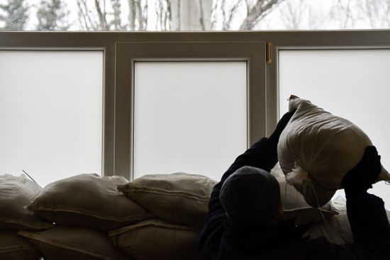Worker Places Sandbags Over Window Protection Editorial Stock Photo ...