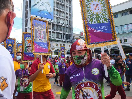 Catholic Devotees Holding Their Religious Banners Editorial Stock Photo ...