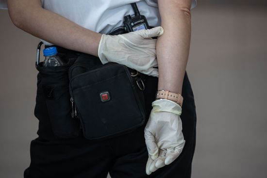 Security Guard Wears Rubber Gloves Arrival Editorial Stock Photo ...