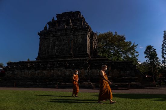Buddhist Monks Walk Around Mendut Temple Editorial Stock Photo - Stock ...