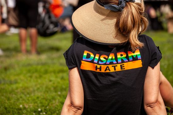 Woman Wears Disarm Hate Shirt During Editorial Stock Photo - Stock ...