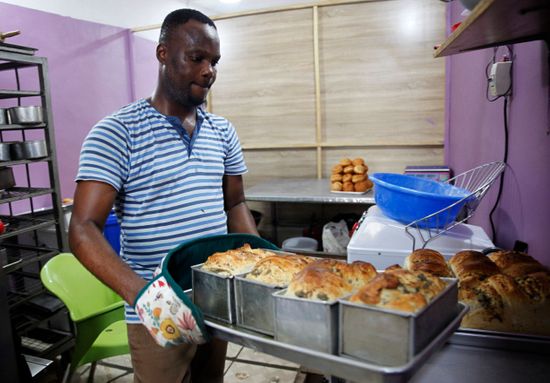 Baker Carries Pan Baked Bread Oven Editorial Stock Photo - Stock Image ...