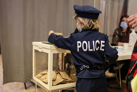 Child Wearing Police Costume Accompanies His Editorial Stock Photo ...