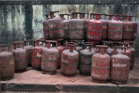 Cooking Gas Cylinders Stacked On Footpath Editorial Stock Photo - Stock ...