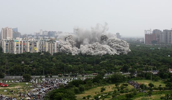 Controlled Implosion Demolishes 100metrehigh Residential Twin Editorial ...
