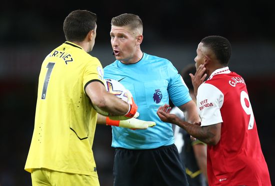 Referee Robert Jones Instructs Emiliano Martinez Editorial Stock Photo ...