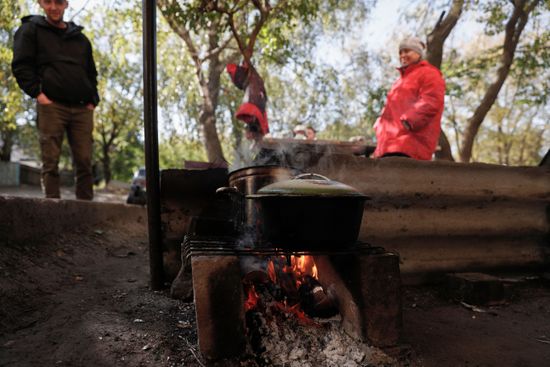 Ukrainian Family Cooking Over Open Fire Editorial Stock Photo - Stock ...