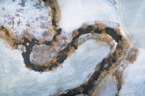 Meandering River Course Through Snowcovered Meadows Editorial Stock ...