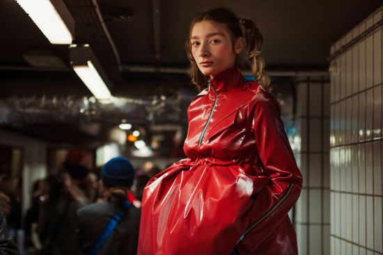 Model Wears Red Patent Leather Jacket Editorial Stock Photo - Stock ...