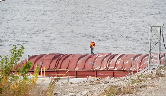 Barge Worker Cleans Barge Sits Along Editorial Stock Photo - Stock ...