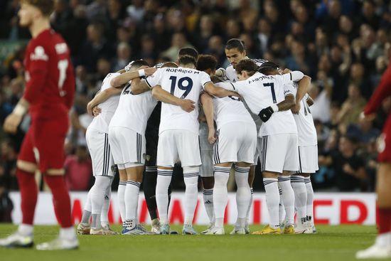 Leeds Players Huddle During Premier League Editorial Stock Photo ...