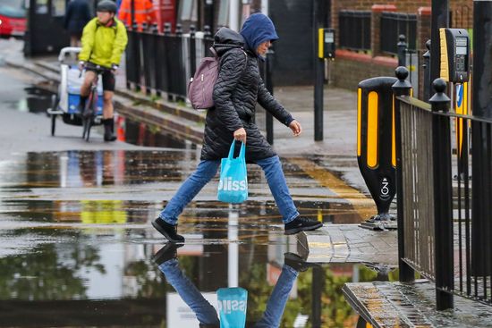 Woman Jumps Over Large Puddle Rainwater Editorial Stock Photo - Stock ...
