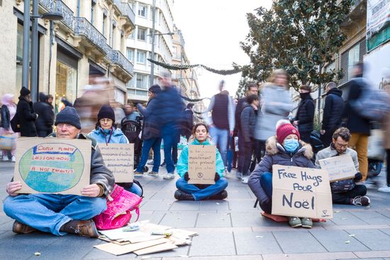 Activists Sitting Middle Moving Passersby Placards Editorial Stock ...