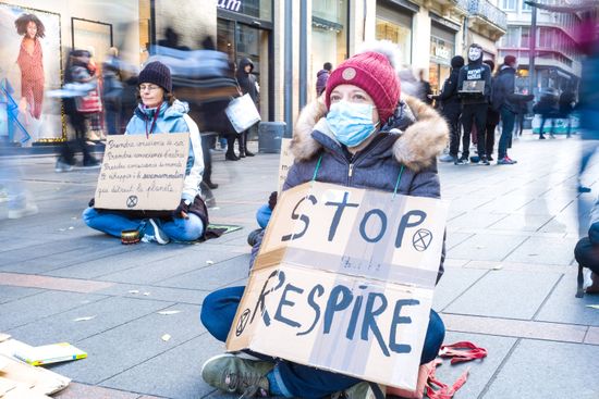 Activists Sitting Middle Moving Passersby Placards Editorial Stock ...