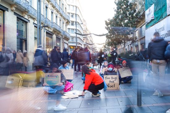 Activists Sitting Middle Moving Passersby Placards Editorial Stock ...