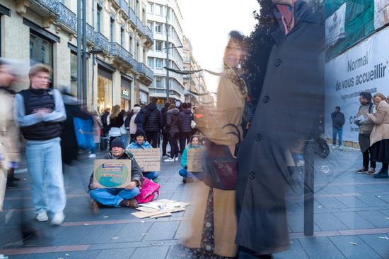 Activists Sitting Middle Moving Passersby Placards Editorial Stock ...