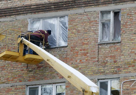 Municipal Workers Cover Broken Windows Plastic Editorial Stock Photo ...
