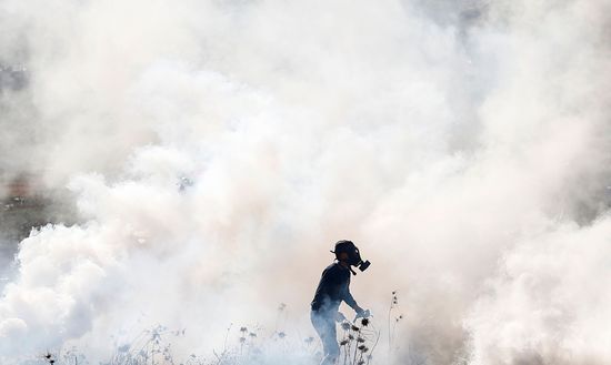 Palestinian Man Wears Gas Mask While Editorial Stock Photo - Stock ...