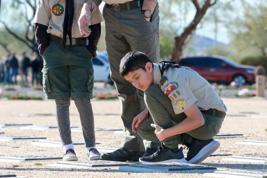 Boy Scout Has Reflective Moment Headstone Editorial Stock Photo - Stock ...