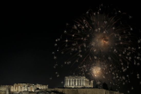 Fireworks Illuminate Athenian Sky Temple Parthenon Editorial Stock ...